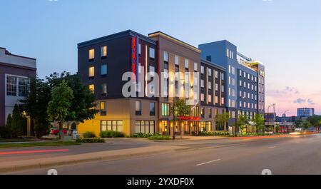 Corner view of front exterior of Home2 Suites and Hampton Inn hotels ...