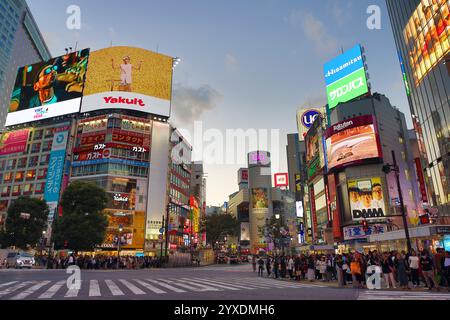 Buildings around the Shibuya Scramble Crossing at sunset in Shibuya ...
