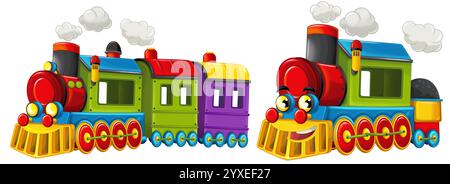 Cartoon funny set of looking steam train locomotive vehicle ...
