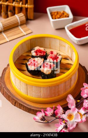 Crab seaweed dumplings in bamboo steamer basket. Dimsum is a large ...