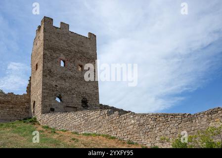 Ancient defensive tower of the ancient Genoese fortress on a sunny May ...