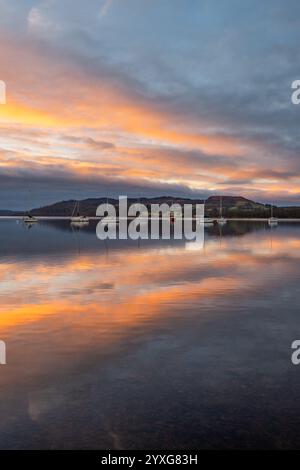 Sunset over Lake Windermere with boats in the harbour (harbor) 30 ...