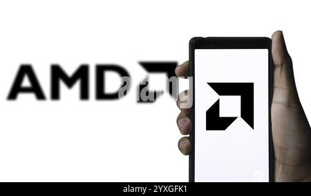 AMD logo displayed on smartphone screen. Advanced Micro Devices, Inc ...