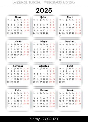2025 year turkish calendar. Printable and editable vector illustration ...