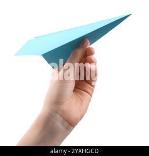 Blue paper plane on white background Stock Photo - Alamy