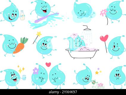 Set of water drop mascots with different emotions. Vector cartoon ...