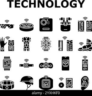 Use of digital technologies black glyph icons set on white space Stock ...