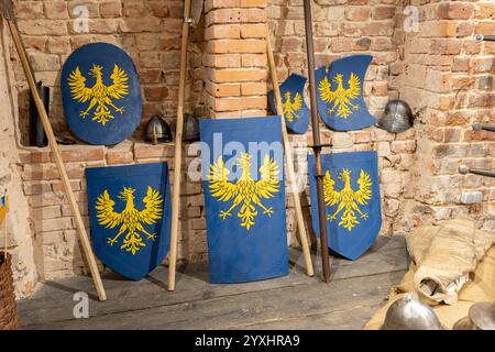 Opole, Poland, medieval shields with a yellow eagle symbol of Opole ...