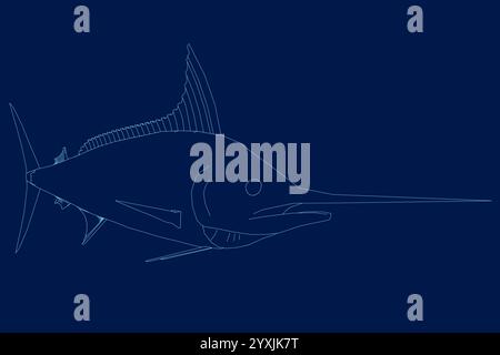 Outline marlin fish isolated on blue. Side view. Vector illustration ...