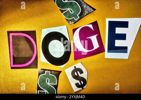 DOGE "Department of Government Efficiency" using cut-out paper letters in the ransom note effect ...