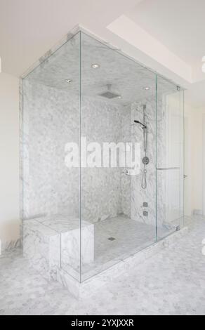 Large Walk-In Shower with Marble Tile, Seamless Glass Door, Antique ...
