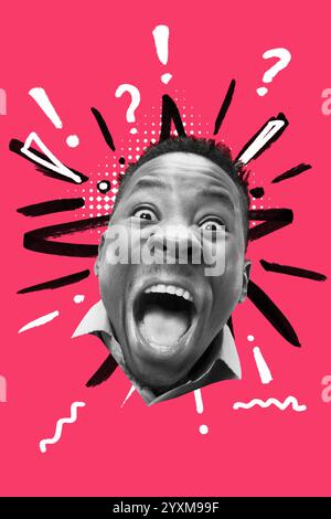 Shocked man and question marks on black background Stock Photo - Alamy