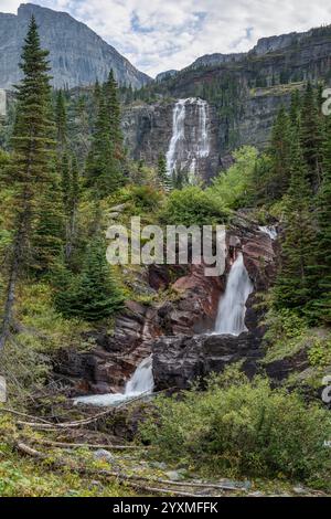 Pyramid Peak Creek waterfalls, near Mokowanis Lake, Glacier National ...
