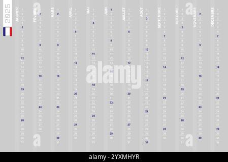 2025 French Planner Calendar with Vertical Months on white background ...