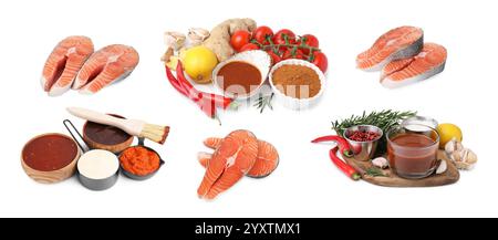 Different types of red fish marinade and salmon steaks on white ...