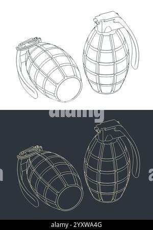 Stylized vector illustration of blueprints of hand grenade Stock Vector ...