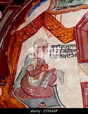 A fresco depicting Guru Arjan with the Adi Granth and various Bhagats ...