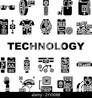 Use of digital technologies black glyph icons set on white space Stock ...