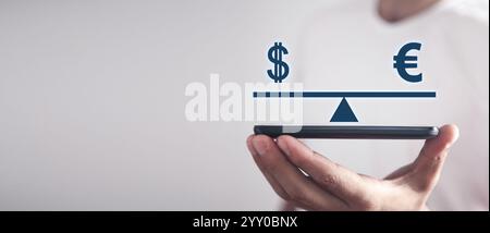 Human showing Dollar and Euro currency signs on scales. Business Stock ...