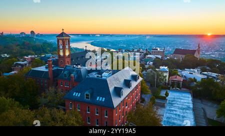 Aerial of Cincinnati Church Clock Tower at Sunrise with River in ...