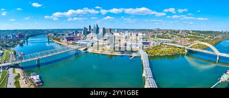 Aerial of Cincinnati Purple People Bridge and Speedboat Motion Stock ...