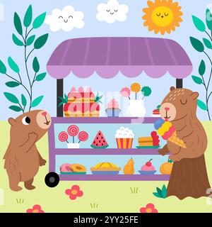 Cute capybara eating donut. Vector illustration. Funny animal capibara ...