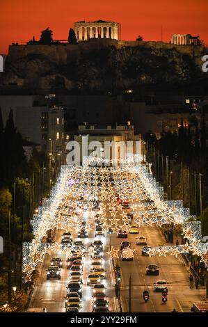 Athens, Greece. 18 December 2024. A main street is adorned with ...