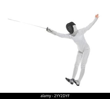 Fencer with epee practicing on white background Stock Photo - Alamy