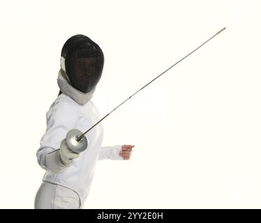Fencer with epee practicing on white background Stock Photo - Alamy