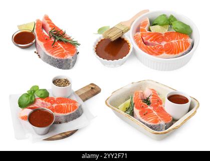 Different types of red fish marinade and salmon steaks on white ...