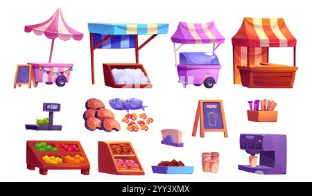 Street vendor booths. Outdoor local market stalls and fast food kiosks ...