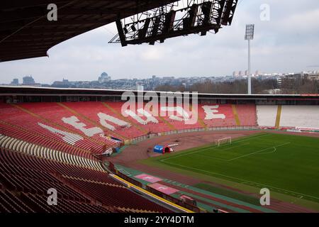 Football club Red Star Belgrade empty stadium. Delije sector and city ...