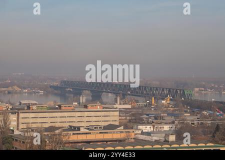Smog lies over the skyline of Historical architecture of Belgrade city ...
