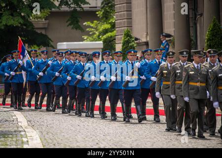 Serbian guard soildiers lined for ceremony. Members of the guard of ...