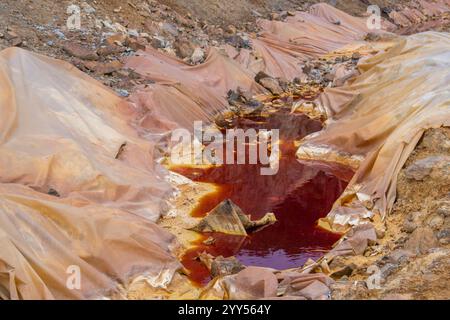 Red polluted toxic water in copper mine. Mining of ores of various ...