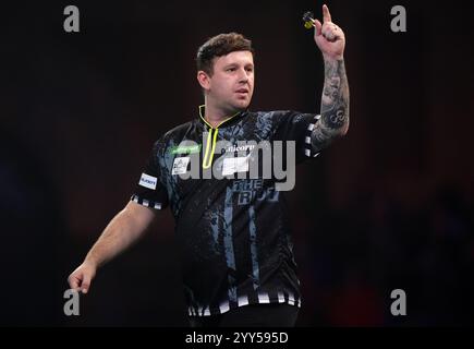 Callan Rydz celebrates during his match against Martin Schindler on day ...