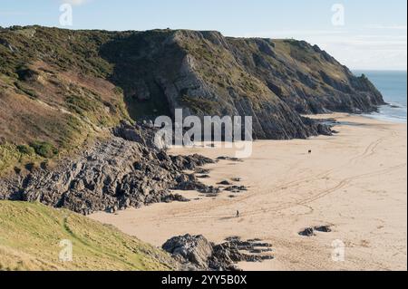 Low tide at Pobbles Beach and the headland of Shire Combe, Gower, Wales ...
