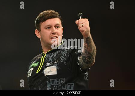 Callan Rydz celebrates during his match against Martin Schindler on day ...