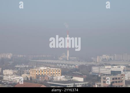 Smog lies over the skyline of Historical architecture of Belgrade city ...