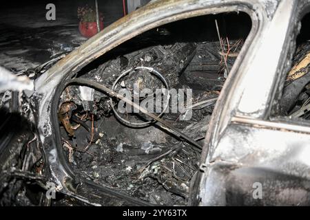 Car exploded and destroyed on fuel pump in accident. Closeup view of ...