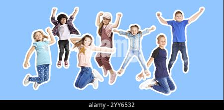 Happy kids with white outlines jumping on light blue background. Banner ...