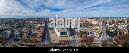 Aerial drone panorama of Porto, Portugal's iconic House of Music Modern ...