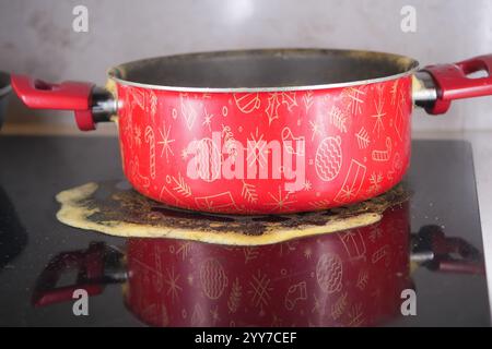 Burnt cooking oil has created a bubbling residue on the surface of the ...