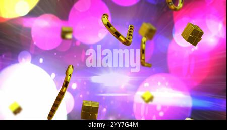 Image of gold presents and candy canes falling over black background ...