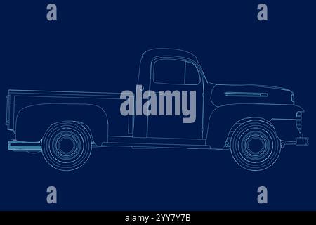 Retro contour Pick Up Truck. Side view. Vector illustration. Front view ...