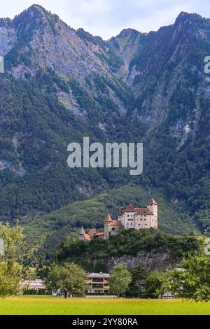 Balzers, Liechtenstein - 03. August 2023: Aerial image of the medieaval ...