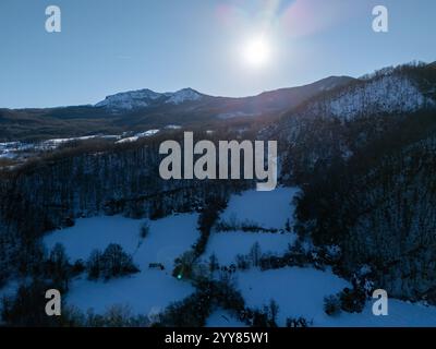 High angle panorama of snowy Apennine mountain ridges. A spectacular ...