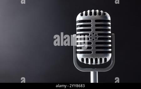 Detail of a vintage style metal condenser microphone with stand on a ...