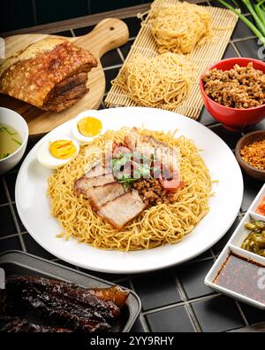 Chinese style of crispy fried belly pork with spicy chilli powder on ...