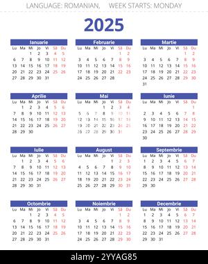 2025 romanian calendar. Printable, editable vector illustration for ...